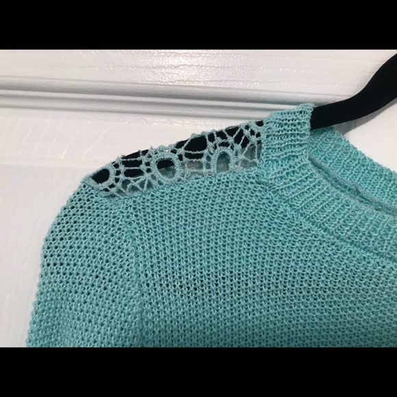 Poof! | Sweaters | Aqua Blue Crocheted Neck Poof Sweater | Poshmark